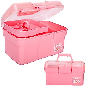 TERGOO 11in Mutipurpose Storage Box Organizer with Removable Tray, Portable Small Craft Box with Handle, Plastic Clear Tool Box Art Case for Makeup, Sewing, Nail, Hair Accessories (Pink)