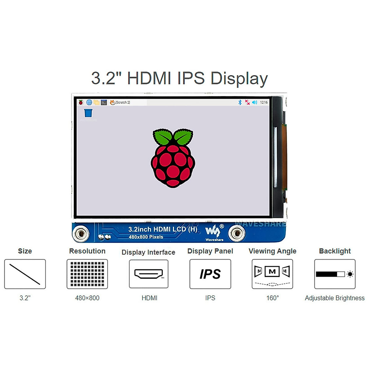 waveshare 3.2inch IPS LCD Display (H) for Raspberry Pi 4B/3B+/3B/2B/Zero/Zero W/Zero WH and Jetson Nano and Windows 11/10/8.1/8/7, 480×800 Pixel, Adjustable Brightness, No Touch