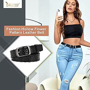 JASGOOD Women Hollow Flower Leather Belt for Jeans Pants Soft Leather Belt with Solid Pin Buckle(Black, Fit Waist Size 33-37 Inches)