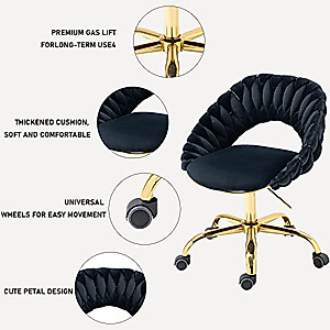 Ufurpie Cute Velvet Desk Chair for Home Office,Modern Vanity Chair,Height Adjustable Swivel Rolling Comfy Chair Computer Chair with Gold Legs for Living Room Bedroom,Black