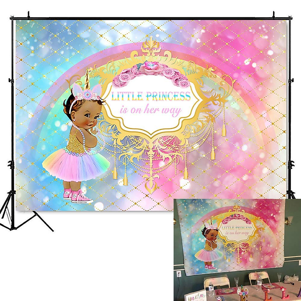 Mocsicka Unicorn Baby Shower Backdrop Princess Rainbow Sparkle Photography Background 7x5ft Vinyl African American Girl Party Backdrops Banner Decoration