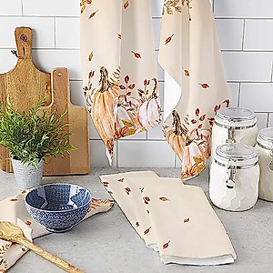Fall Kitchen Towels Set Pink Pumpkins Flower Thanksgiving Dish Towel Autumn Harvest Maple Leaves Dishcloths,Absorbent Soft Cotton Dish Cloths Tea Towels Fall Seasonal Decoration Hand Towels Set