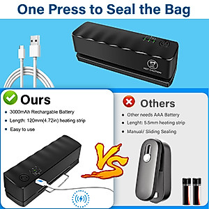 Bag Sealer - Mini Rechargeable Food Sealer Machine,5 Adjustable Gears Chip Bag Resealer,with 3000mAh Battery and 4.7" Heating Strip Seal for Vacuum Sealer Bags, Food Snack Bags Storage (Black)