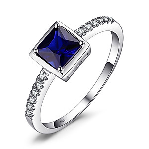 JewelryPalace Square Cut 1ct Created Sapphire Solitaire Rings for Her, 14K White Gold 925 Sterling Silver Promise Ring for Women, Blue Gemstone Jewelry Sets Rings 7