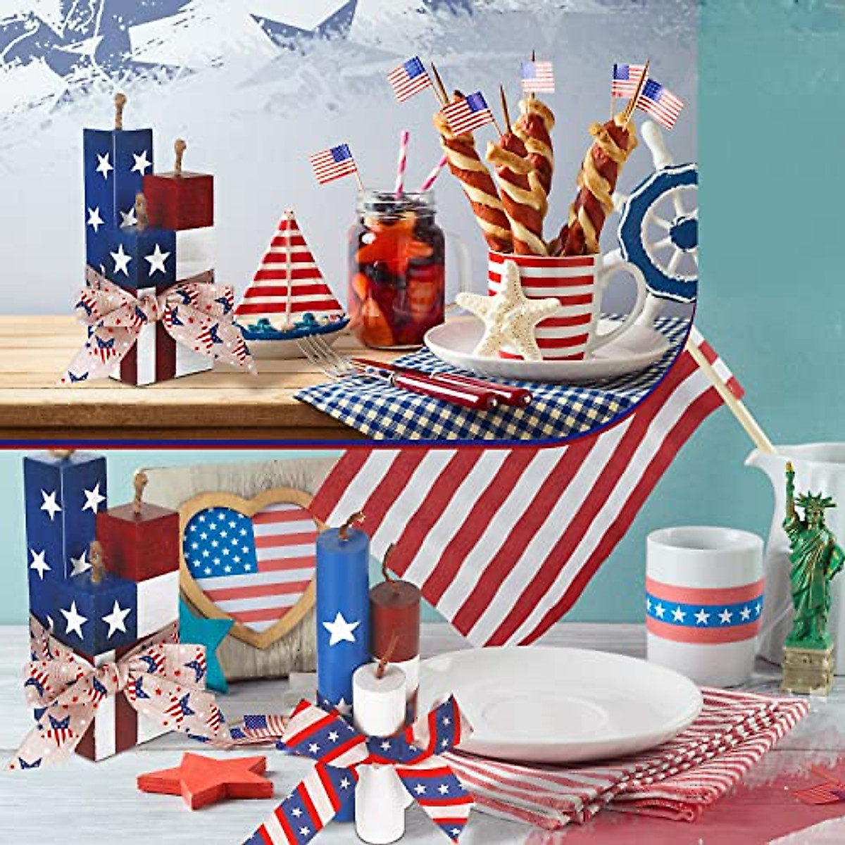 6 Pcs 4th of July Tiered Tray Decor July 4th Firework Tiered Tray Sign Patriotic Memorial Day Centerpieces Rustic Fireworks Wood Sign Independence Day Wooden Table Decor for Home Tables