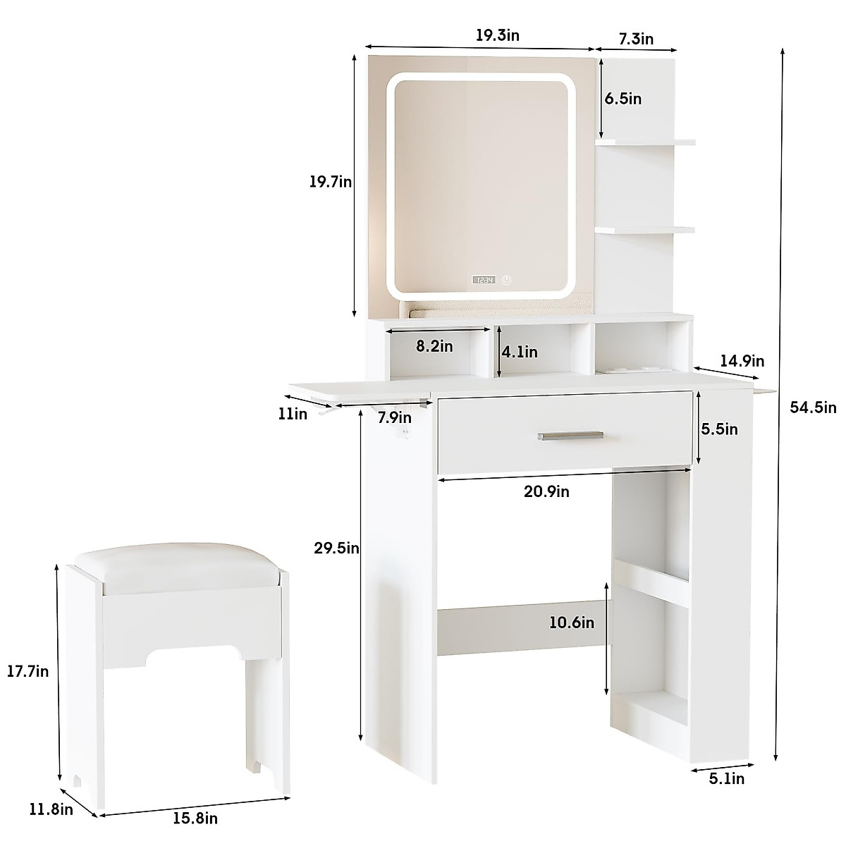 Fameill Vanity Desk with Mirror and Lights, Small Makeup Vanity with Drawer & Lots Storage Shelves, White Vanity Table with Charging Station & Time Display, Vanity Set with Chair, for Bedroom