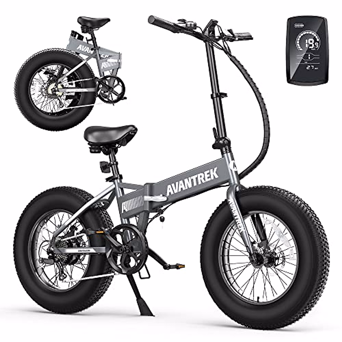 AVANTREK Cybertrack 200 Electric Bike Foldable 20"x4" Fat Tire Electric Bicycle, 1.5X Faster Charge, 500W Brushless Motor 48V/10Ah Removable Battery, Shimano 7 Speed - Silver