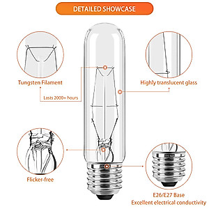 Usoway 40 Watt T10 Clear Tubular Incandescent Light Bulb, E26 Medium Base,2700K Soft White,280 Lumens,Showcase lamp. (6)