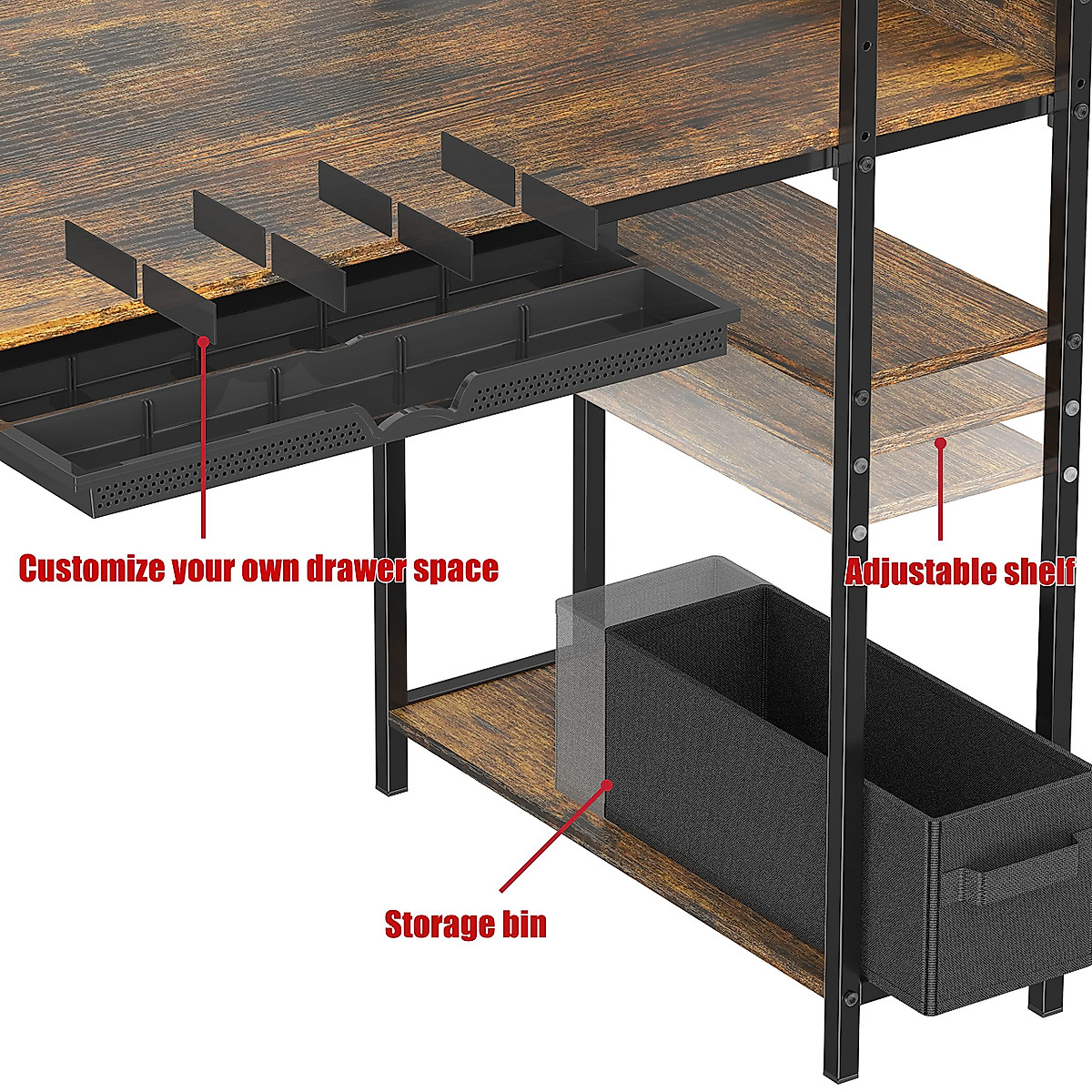 SHW 46-Inch Computer Desk with Adjustable Side Shelf and Drawer, 24" Deep, Rustic Brown