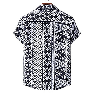 Men's Casual Summer Print Buttons Down Short Sleeves O-Neck Loose Beach Shirts Blouse Tops(F, XL)