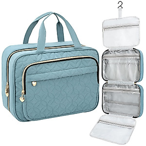 Yuan & Chuang Hanging Travel Toiletry Bag for Women Foldable Hygiene Bag, Large Capacity Waterproof Cosmetic Travel Bag with 4 Compartments & 1 Sturdy Hook,Travel Essentials Organizer(blue)