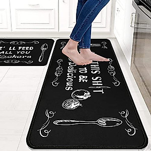 Faptoena Black Kitchen Rugs and Mats Sets of 2, Funny Kitchen Decoration Rubber Backing Non-Slip Absorbent Mats for Sink Waterproof Runner Rug for Laundry Room 17x30+17x48inch