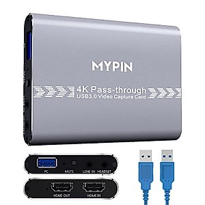 MYPIN 4K 60fps Audio Video HDMI Game Capture, Live Gamer Portable Pass-Through 4K Full HD 1080P 60fps USB3.0 Capture Card Ultra Low Latency Record Stream for Xbox, PlayStation, Nintendo Switch