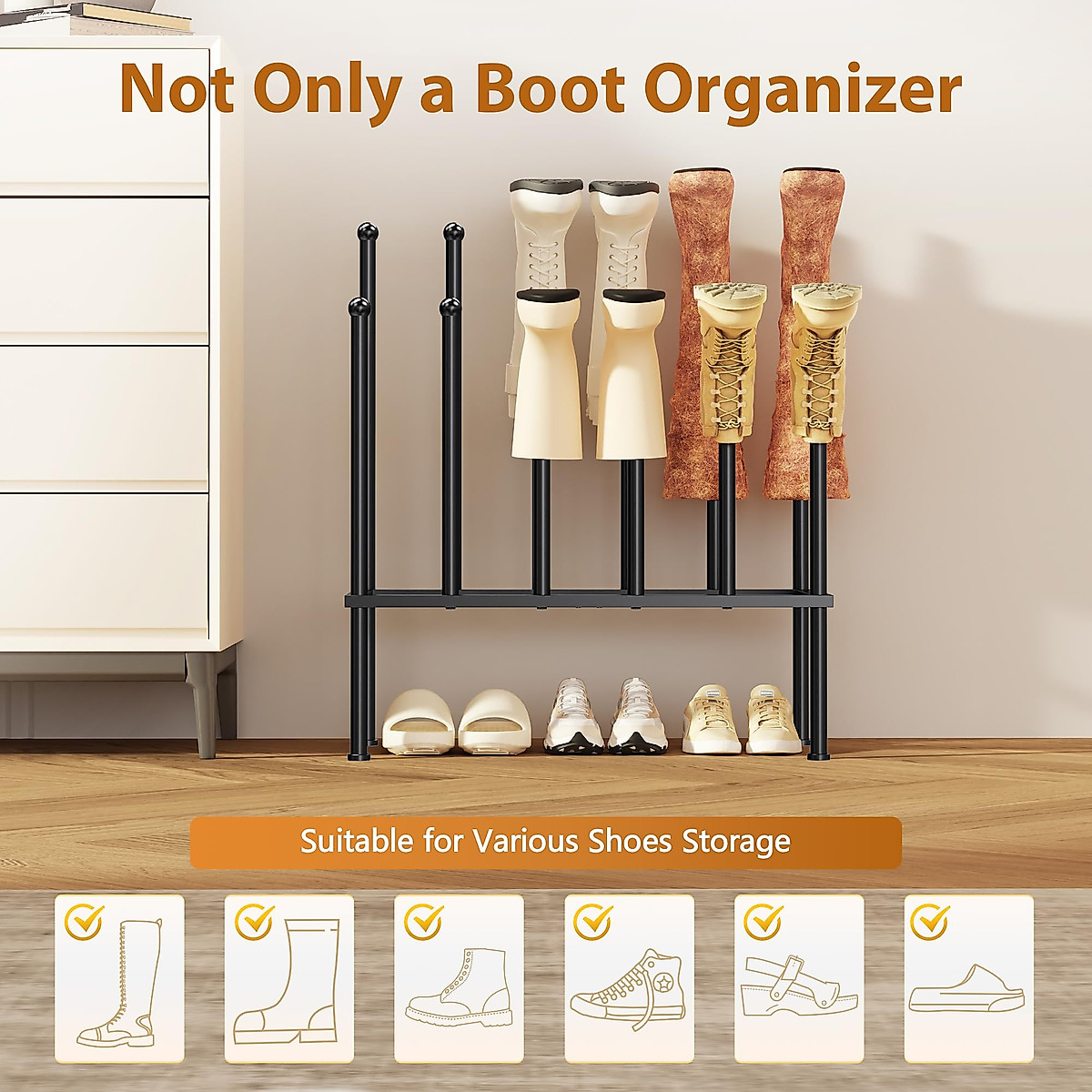 PLKOW Boot Rack Organizer, Metal Free Standing Shoe Racks for Tall Boots, 2 Tier Boot Holder Fits for 6 Pairs, Boot Storage Organizer for Entryway, Garden, Outdoor, Bedroom