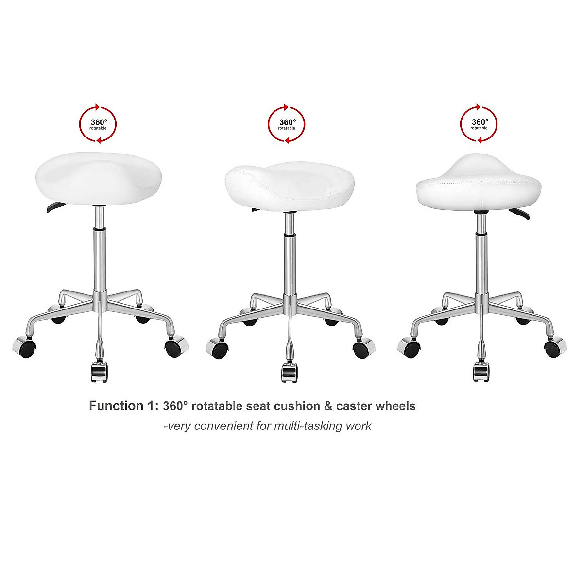 Kaleurrier Ergonomic Rolling Swivel Saddle Stool with Wheels,Hydraulic Pneumatic Lifting Height Adjustable Lightweight Chair for Clinic Hair Salon Massage Lab Kitchen Home Office (White, Without Back)