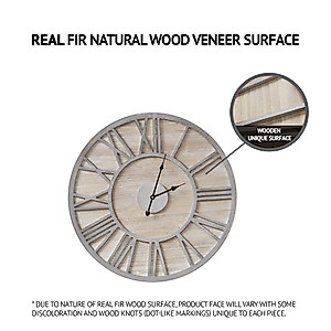 Madison Park Mason Large Wall Clock for Living Room Décor, 23.6 Inch Round Metal Fir Wood Frame, Quartz Battery Operated, Farmhouse Cottage Country Home, Bed, Bath, Rustic Kitchen - Natural/Grey