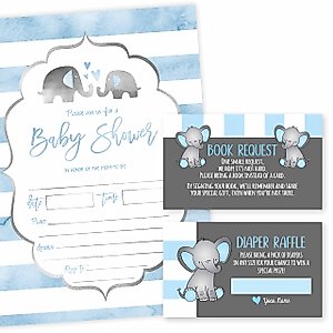 Hadley Designs 50 Fill in Baby Shower Invitations, 25 Books For Baby Shower Request Cards, 25 Baby Shower Diaper Raffle Tickets For Baby Shower Boy, Cute Elephant Jungle Write in Diaper Raffle Cards