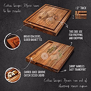 FANICHI Extra Large & Thick Acacia Wood Cutting Board: 16 x 12 x 1.5 Inch Reversible Multipurpose with Juice Groove, Cracker Holder & Inner Handles.