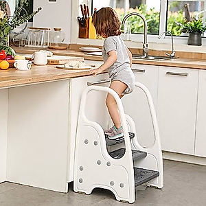 3 Step Stool for Toddler,Kids Three Step Stool for Bathroom Sink or Kitchen Counter Standing Tower, Children Step Up Learning Helper with Safety Handles and Non-Slip Pads,Grey