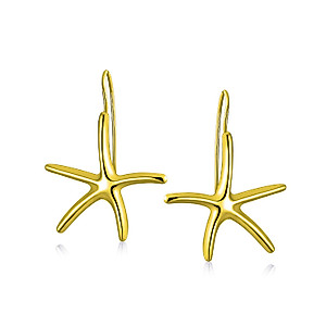 Fashion Nautical Tropical Beach Large Starfish Dangle Drop Threader Earrings For Women Fish Hook Wire 14K Gold Plated