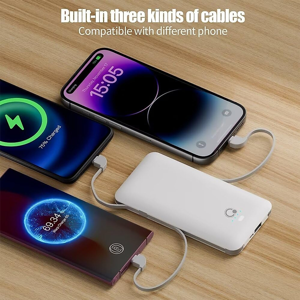 10000mAh Portable Charger, Q Slim USB C Power Bank, 4 Output 2 Input External Battery Pack with Built-in Cabels AC Wall Plug, Compatible with iPhone Samsung etc