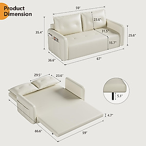 Sofa Bed Couch，3 in 1 sleeper sofa couch with pullout bed，Convertible sofa bed with 2 USB and 1 Type-C Charging Port，4 storage Pockets and 2 soft Pillows,Adjsutable Loveseat for Living Room,White
