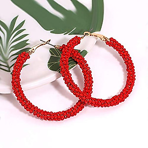 CEALXHENY Beaded Hoop Earrings for Women Mixed Color Bead Dangle Earrings Bohemia Hoop Dangle Earring Studs for Women (B Red)