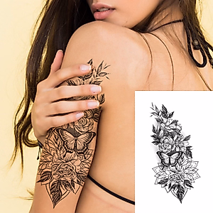 32pcs Black Rose Flower Temporary Tattoo Sticker For Women,Multiple Floral Pattern Designs(7.5X3.8 inch)