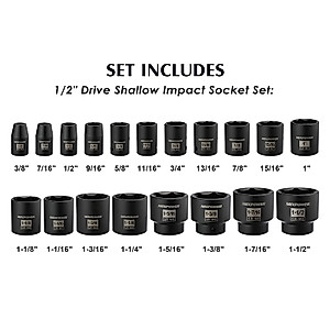 MIXPOWE 19 Piece 1/2-Inch Drive Standard Impact Socket Set, SAE, Shallow, 3/8" to 1-1/2", Cr-Mo Alloy Steel, Radius Corner Design, Impact Grade