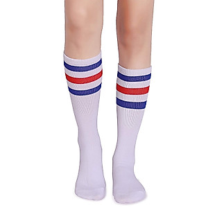 Pareberry Classic Triple Stripes Soft Cotton On the Calf Retro White Tube Socks (A-pair(Blue/Red/White))