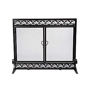 Plow & Hearth Metal Fireplace Screen Scrollwork Black | 44" W x 33" H | 2 Door | Spark Guard Grate | Fire Place Cover | Wood Burning Stove Accessories