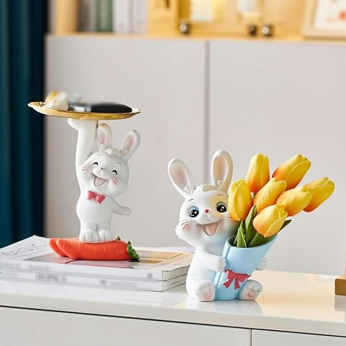 XINGYUANHE Lovely Rabbit Tray Sculpture Home Living Room Decor Statue Room Decor Easter Decoration Resin Ornaments Gifts