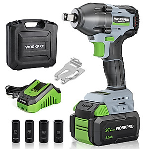 WORKPRO Cordless Impact Wrench 1/2 inch, 20V Brushless Impact Gun, High Torque 370 Ft-Lbs (500N.M), Variable Speeds, with 4.0 Ah Battery, Fast Charger, 4 Impact Sockets and Storage Case