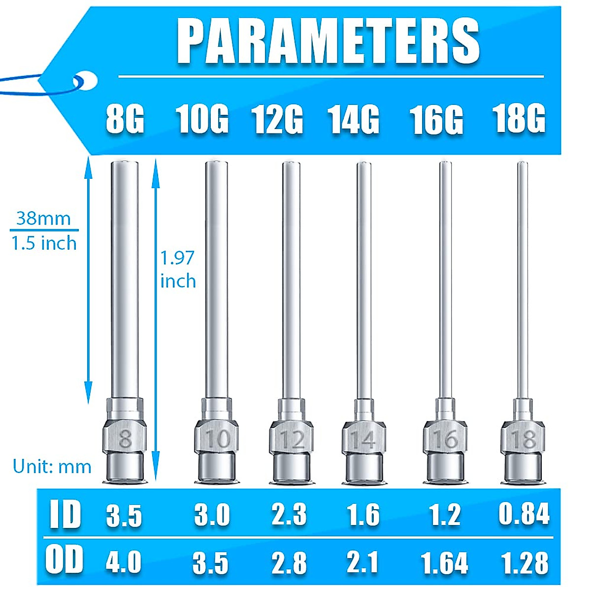 Dispensing Needle 1.97inch Stainless Steel Blunt Tip Needle Set Luer Lock Luer Slip Adapter Tips 8Ga, 10Ga, 12Ga, 14Ga, 16Ga, 18Ga-12Pcs