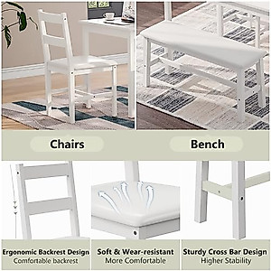 Dining Table Set for 4, 4 Piece Kitchen Table with Chairs and Bench, Wood Rectangular Dining Table Set with 2 PU Leather Chair and Bench for Small Spaces, Apartment, Breakfast, Living Room (White)