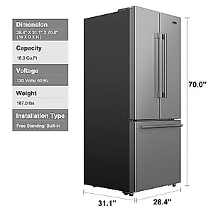 Galanz GLR16FS2K16 3 French Door Refrigerator with Bottom Freezer & Installed Ice Maker, 16 cu ft, Stainless Steel