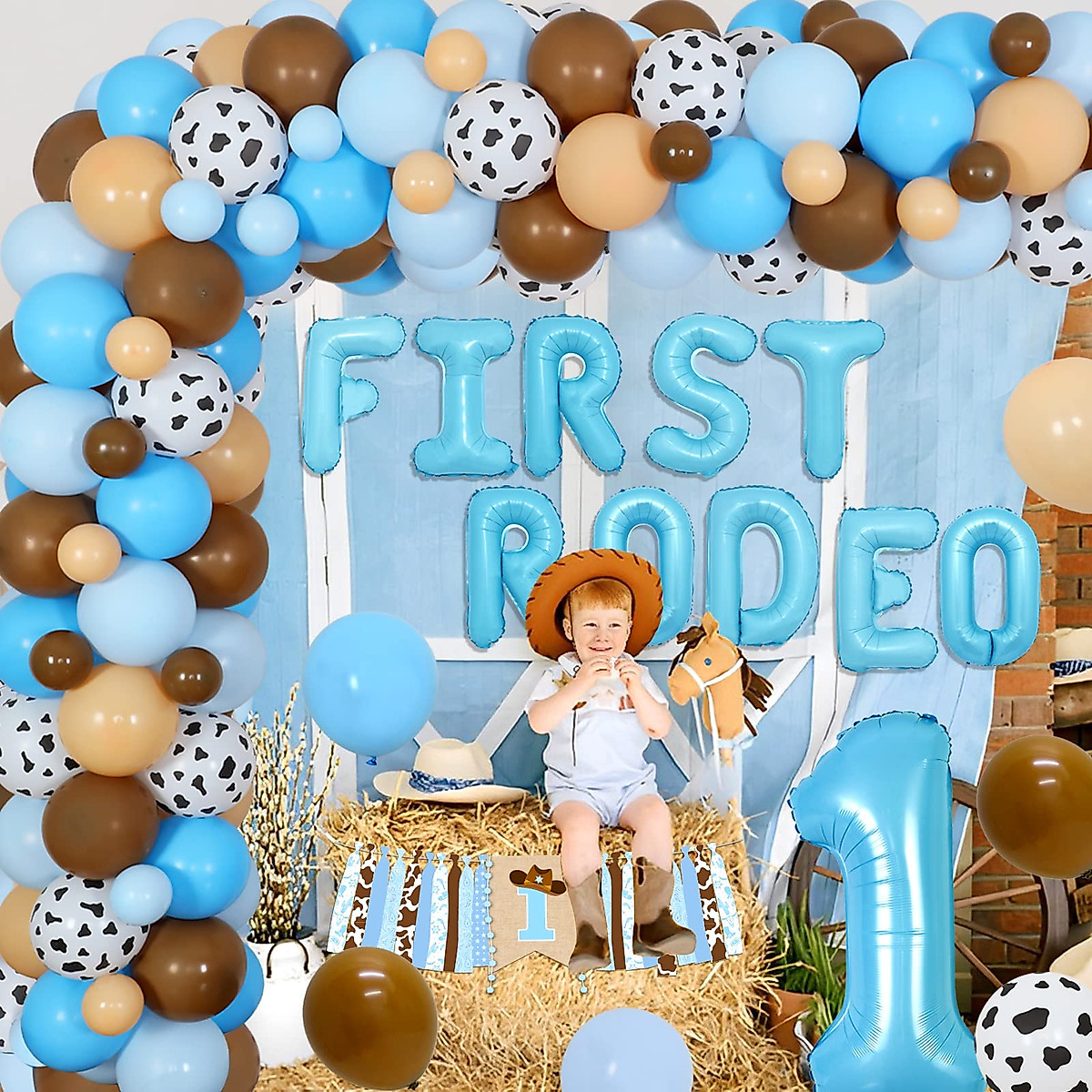 First Rodeo Birthday Party Decorations Boy Blue, Western Cowboy 1st Birthday Party Decorations - Cowboy Balloon Garland Kit with High Chair Banner, Monthly Photo Banner, My First Rodeo Cake Topper
