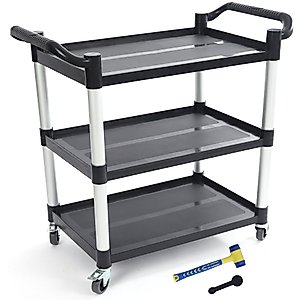 Utility Carts with Wheels, CRAFTFORCE 3-Tier Food Service Cart, Heavy Duty 528lb Capacity Rolling Utility Cart with Lockable Wheels for Office, Kitchen, Garage, Warehouse, 40.5" x 19.5" x 38.5", Black