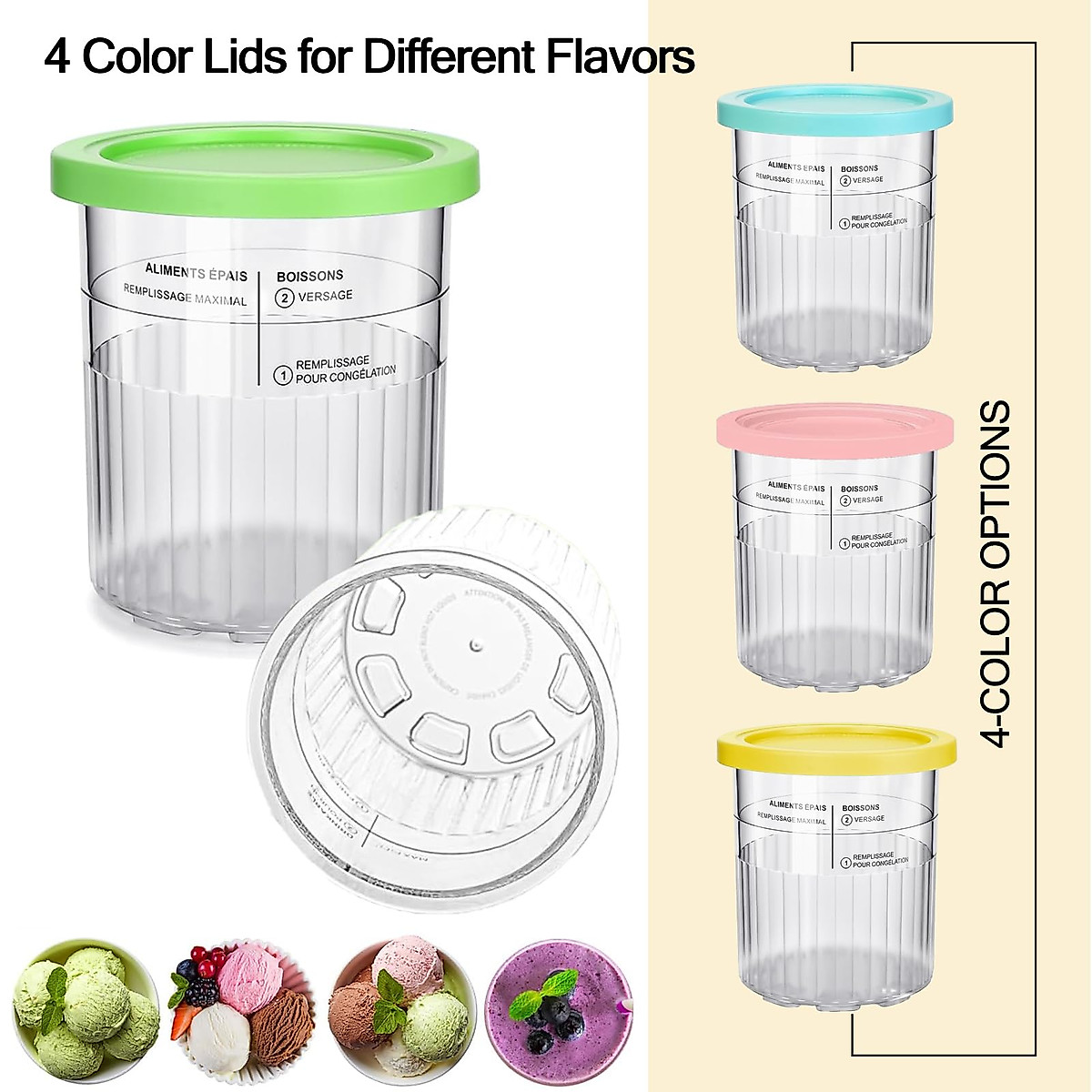 Pint Containers Replacement Fit for Ninja Creami Deluxe Pints and Lids - 4 pack, 24oz XL Cups Compatible with Ninja 11-in-1 NC500/NC501/CN501CO Series Ice Cream Maker - Dishwasher Safe & BPA-Free