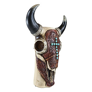 Ebros Gift Colorful Southwestern Native Indian Cow Skull with Turquoise Cross and Faux Tooled Leather Mask Desktop Floral Flower Vase Planter Figurine Wildlife Bisons Bulls Spirit Totem Accent