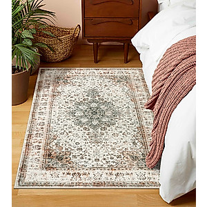 Moespace Oriental Area Rug - 3x5 Washable Rug Boho Non-Slip Indoor Rug for Kitchen Entryway, Low-Pile Front Door Mat Print Distressed Accent Rug for Bedroom Entry Foyer Laundry, Taupe