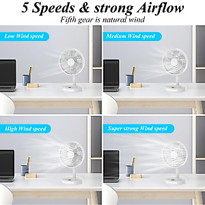 Generic USB Quiet Desk Fan, Personal Rechargeable Battery Operated Desk Fan with 5 Speeds, Powerful Fan Table Fan for Dorm Bedroom Desktop Office, White