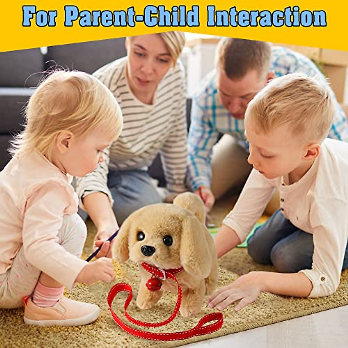 KSABVAIA Plush Golden Retriever Toy Puppy Electronic Interactive Dog - Walking, Barking, Tail Wagging, Stretching Companion Animal for Kids Toddlers (Golden Dog)
