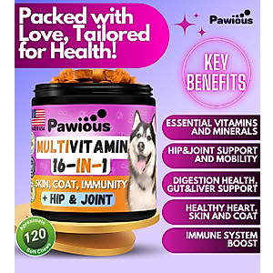 Dog Multivitamin Chewable with Glucosamine 16 in 1 - Dog Vitamins and Supplements - Hip and Joint Support Health - Immunity, Mobility - Gut, Skin, Heart, Coat