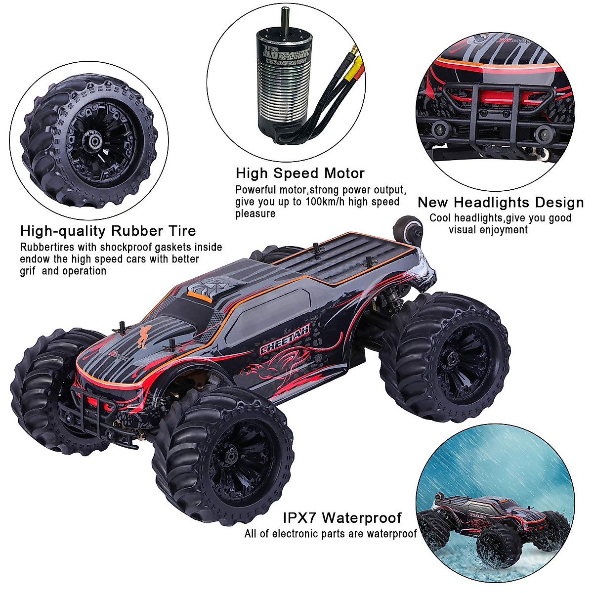 JLB Racing Cheetah 1:10 Scale RC Car Truck, 80+ KM/H High Speed RTR RC Truck, 2.4GHZ Radio Controlled Electric RC Car, 4WD 4x4 Off Road Monster Truck for Adults, IPX7 Waterproof Racing Vehicle Truck