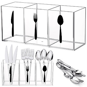 Suzile Acrylic Cutlery Storage Organizer Bin Clear Silverware Caddy Countertop Knife Spoon and Fork Holder Kitchen 3 Section Tableware Storage Box for Cabinet Indoor Outdoor Home Flatware Dining Room