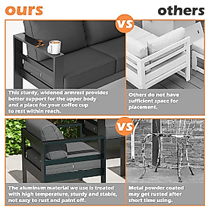 Betterhood Aluminum Patio Furniture Set, Modern Outdoor Seating with Upgrade Cushion & Wide Armrest, Patio Sofa for Balcony, Garden,Additional Dust Cover, Dark Grey