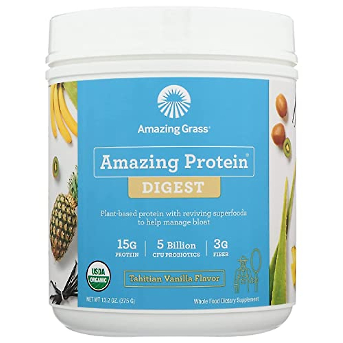 Amazing Grass DIGEST Vegan Protein Powder, Plant Based with Probiotics + Fiber to Manage Bloat, Tahitian Vanilla, 15 Servings