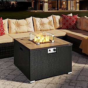 YITAHOME 32 Inch Outdoor Low Propane Fire Table, 40,000 BTU Gas Fire Pit, Square Ceramic Tile Firtable with Wood Grain, Brown Wicker Base, Weatherproof Cover & Lid for Patio (Fit Outside 20lbs Tank)