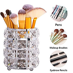 Tasybox Crystal Makeup Brush Holder Organizer, Handcrafted Cosmetics Brushes Cup Storage Solution (Silver)
